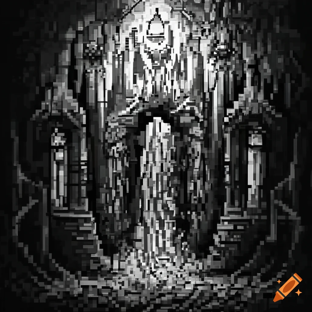 Pixel art of a dark fantasy gate on Craiyon