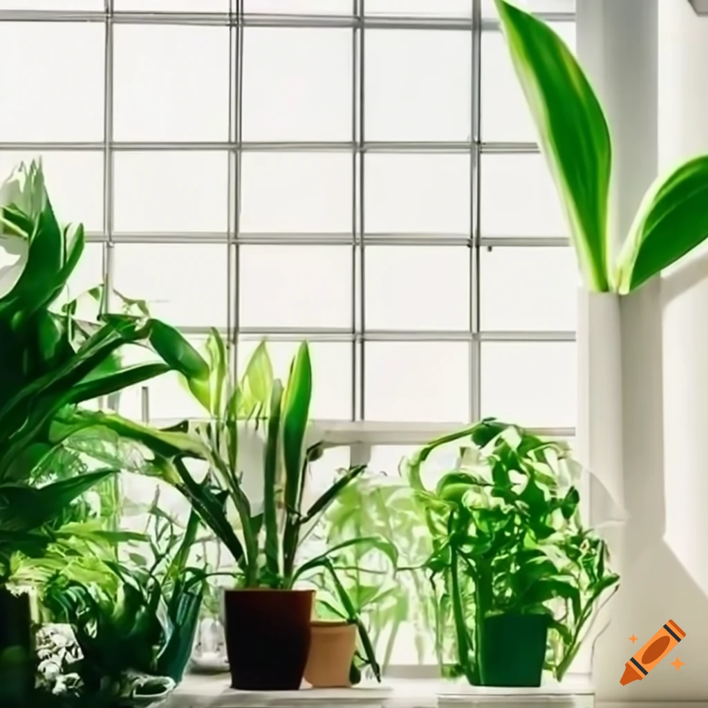 Stylish indoor plants in a sunlit office window on Craiyon