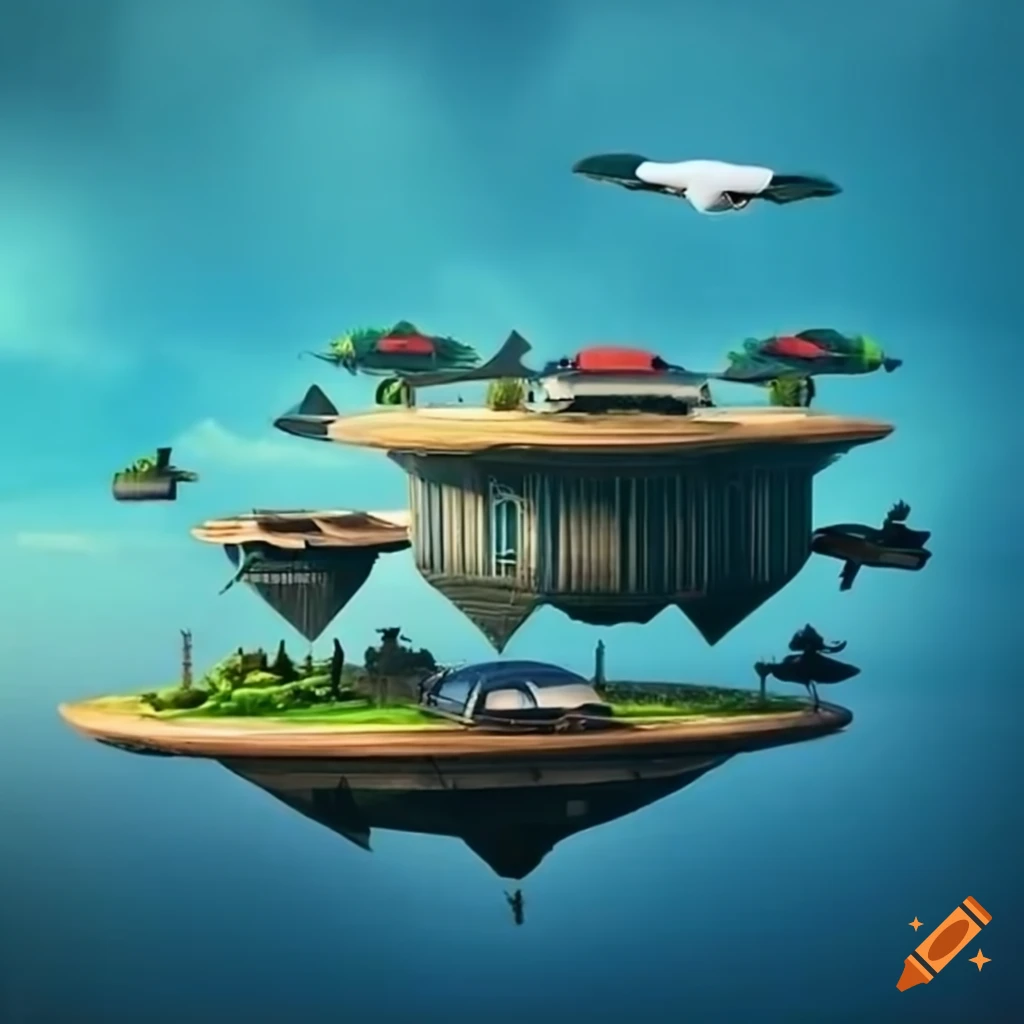 Floating land with buildings and a taxi on Craiyon