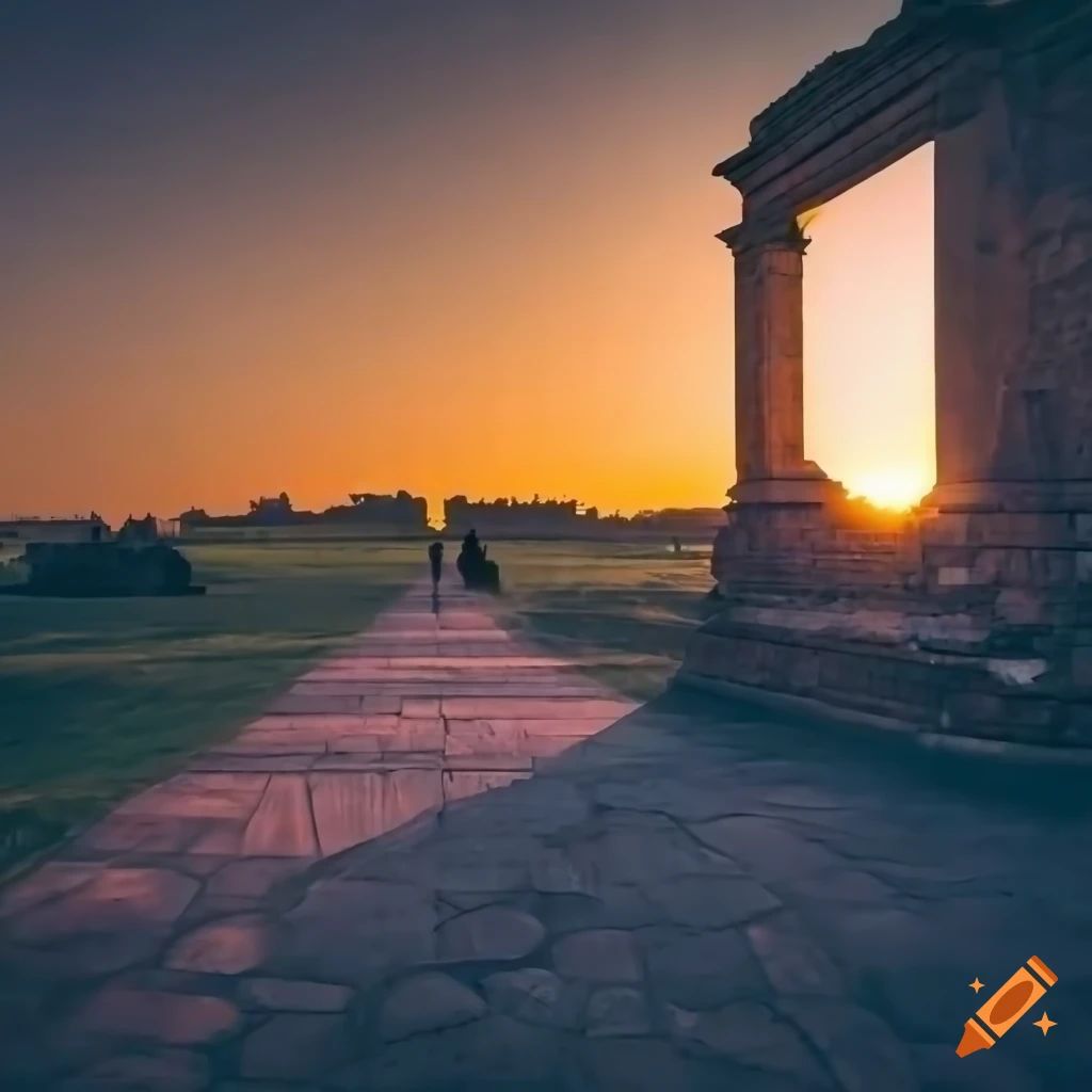 Sunset behind ruins of a triumphal monument