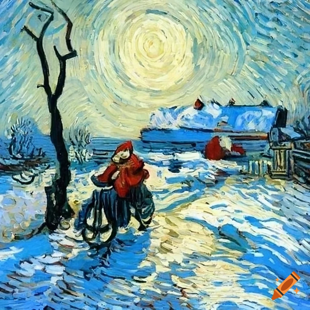 Painting of Santa Claus riding a blue Enfield Bullet in the snow on Craiyon
