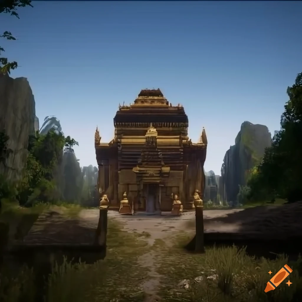 Aerial view of a sci-fi golden-white-red temple in a jungle forest on ...