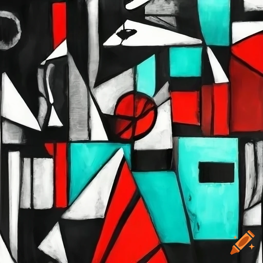 Abstract black and white artwork with red, yellow, turquoise and blue ...
