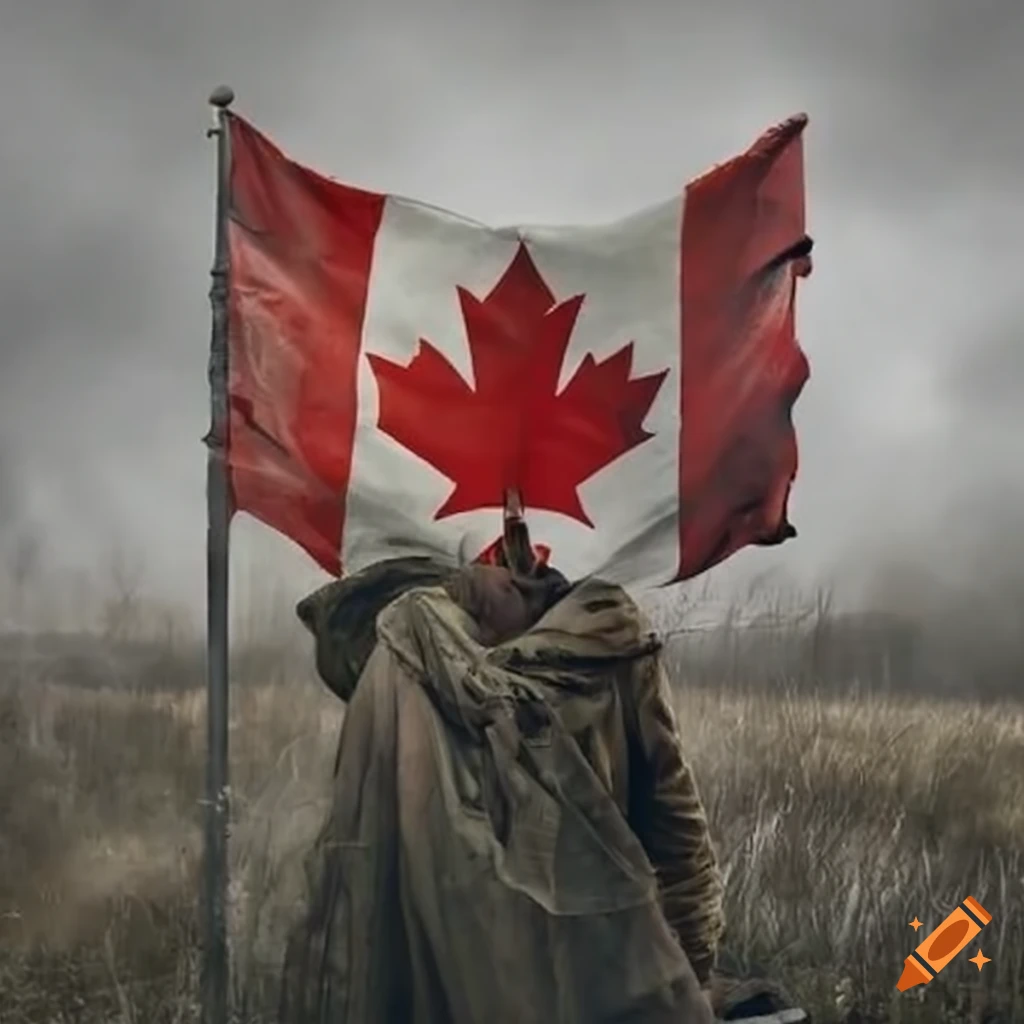 Man wrapped in canadian flag in a dystopian setting on Craiyon