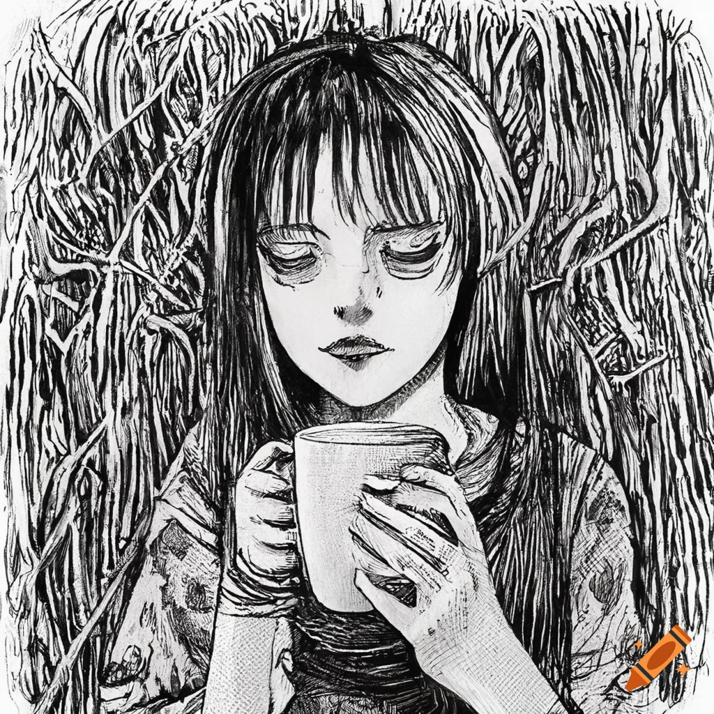 Ink drawing of a woman drinking coffee on a couch on Craiyon