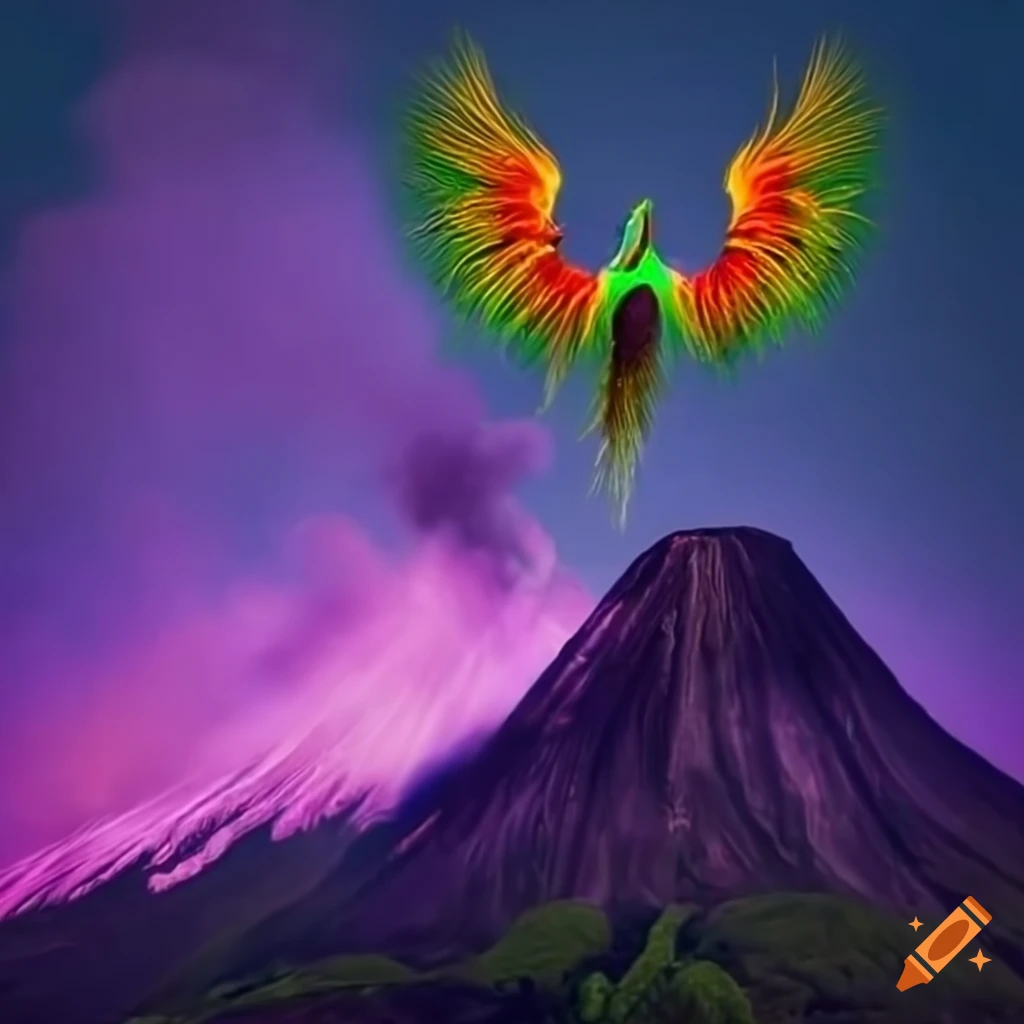 Image of a phoenix rising from ashes on a volcano