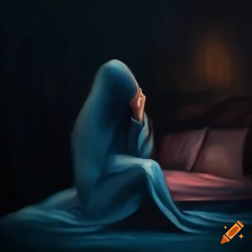 Woman hiding under blankets in a dark room