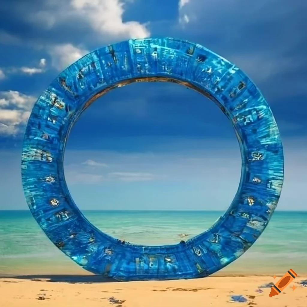 Sunny beach with a large blue stargate on Craiyon