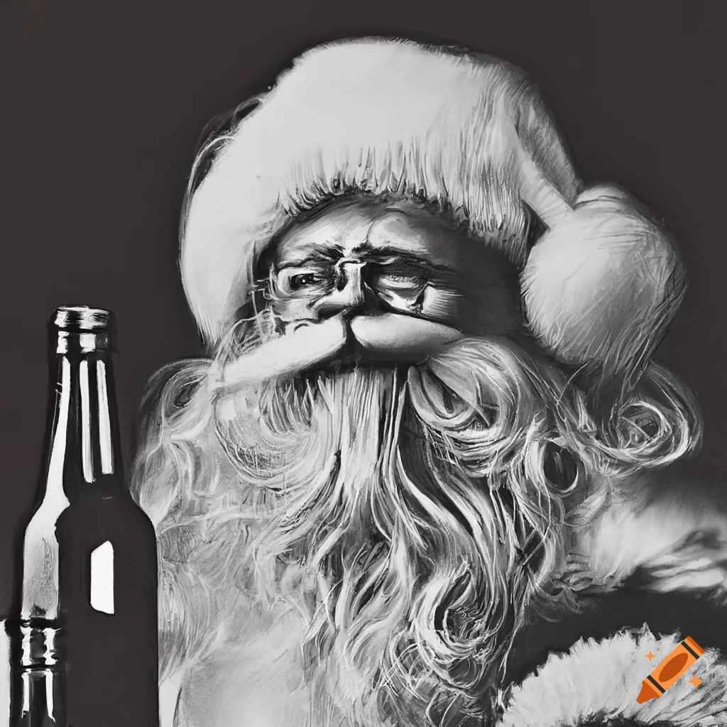 Sketch of a tipsy santa claus with beer bottles