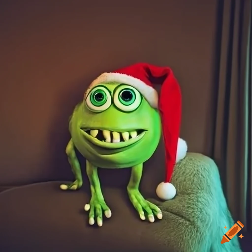 Mike Wazowski with Christmas lights and Santa hat on Craiyon
