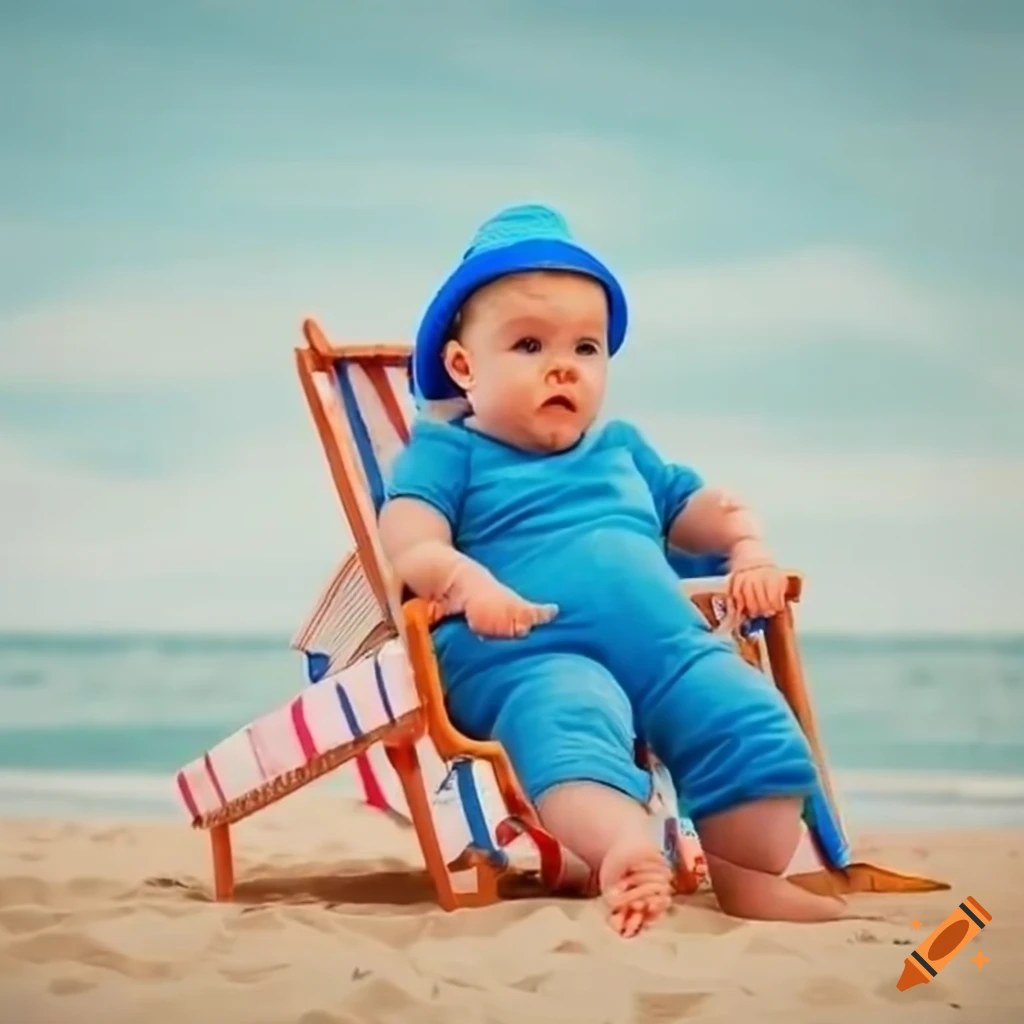 Two cute smiling baby boys with blue eyes sitting on the beach on Craiyon