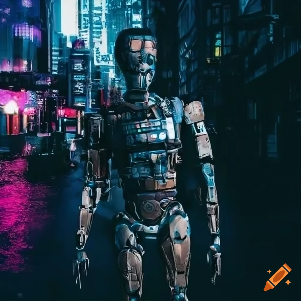 Cyberpunk city with robots and cyborgs in the streets on Craiyon