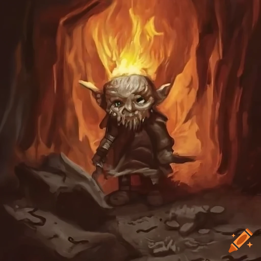 Fantasy artwork of a gnome in a fiery forge on Craiyon