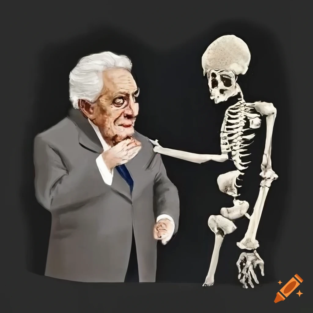 Satirical illustration of henry kissinger and skeleton shaking hands