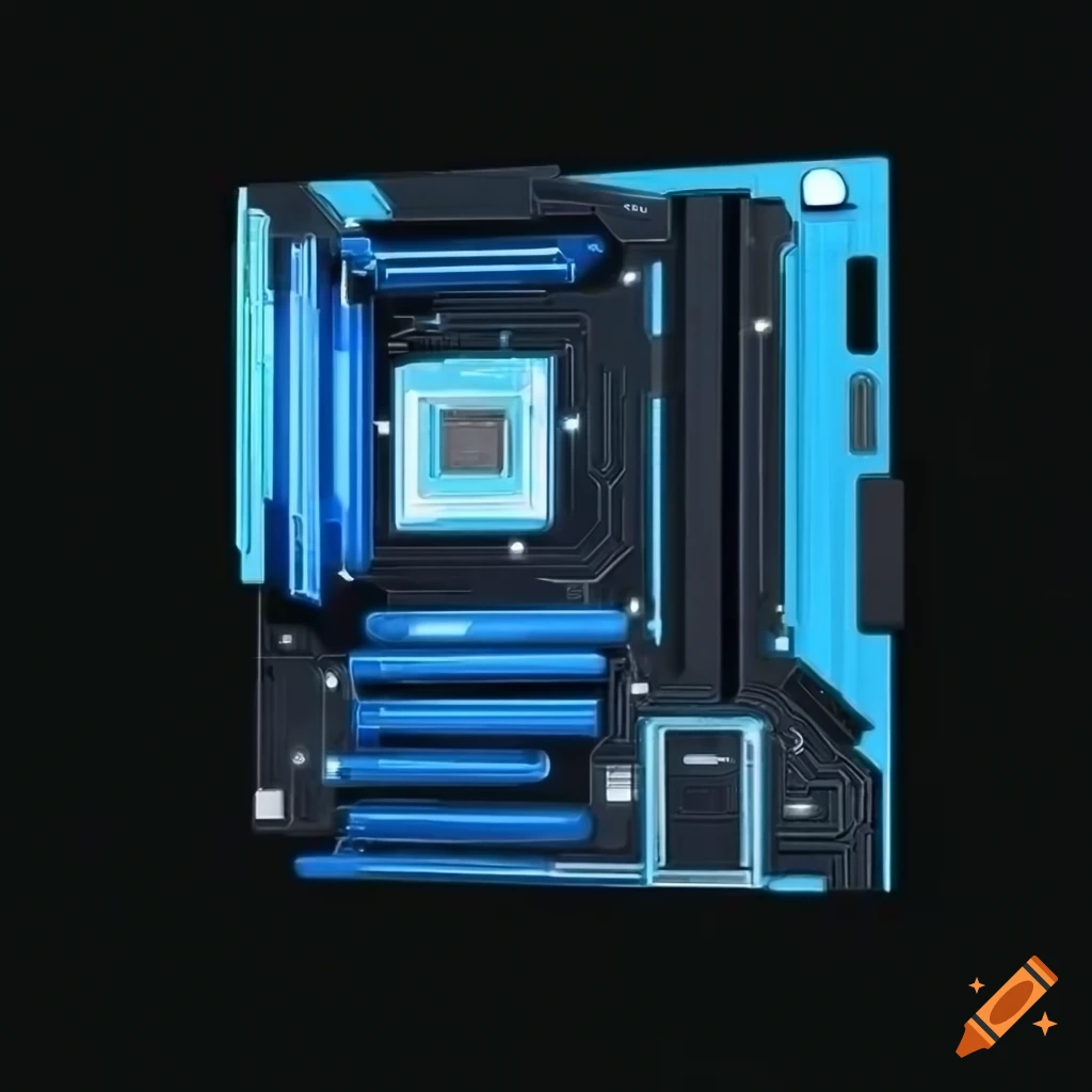 3d rendered black & gold circuit board, ics like buildings & miniature ...