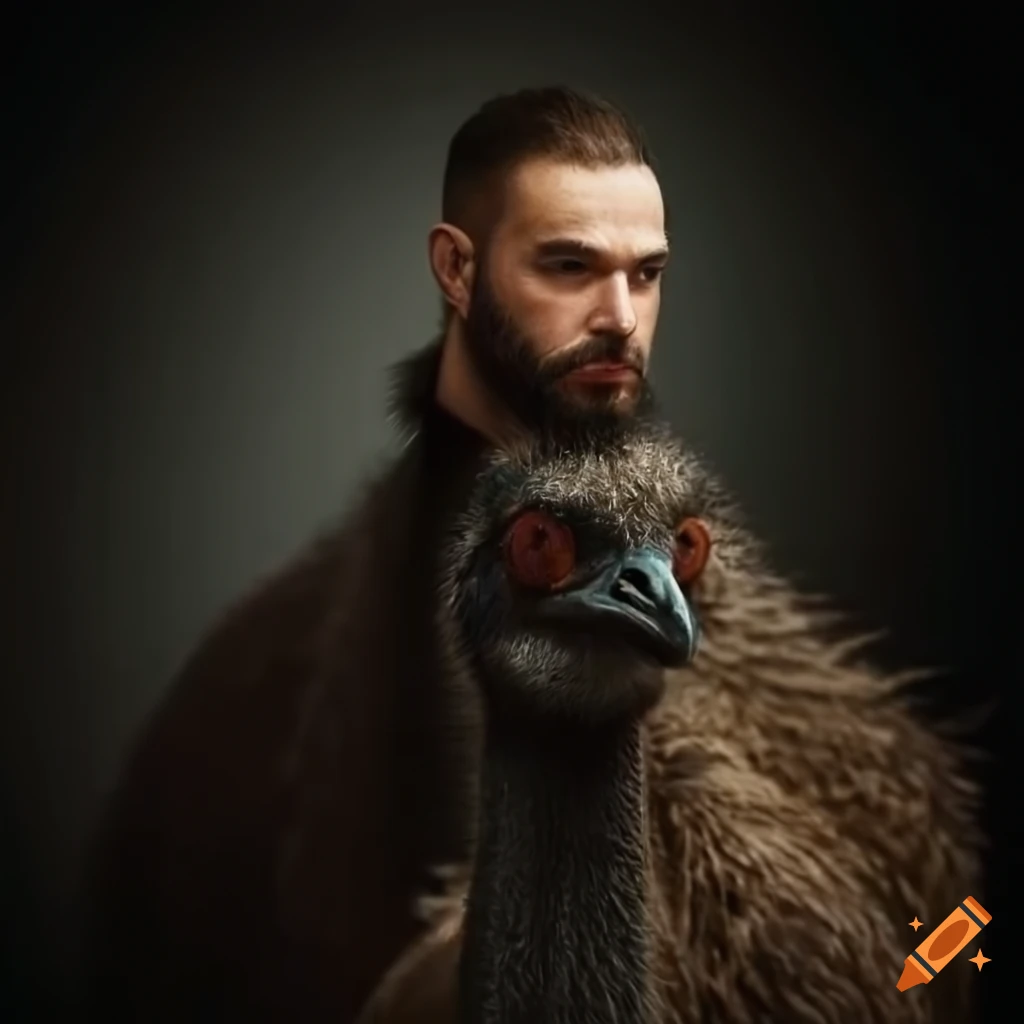 A bearded man with a friendly emu