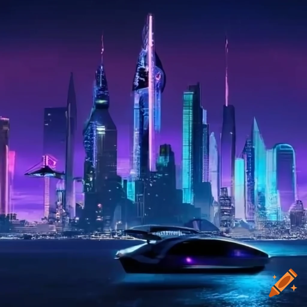 Night scenery of a futuristic city with neon lights on Craiyon