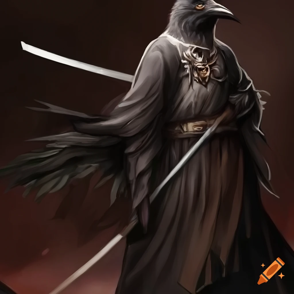 Illustration of a crow holding a katana on Craiyon