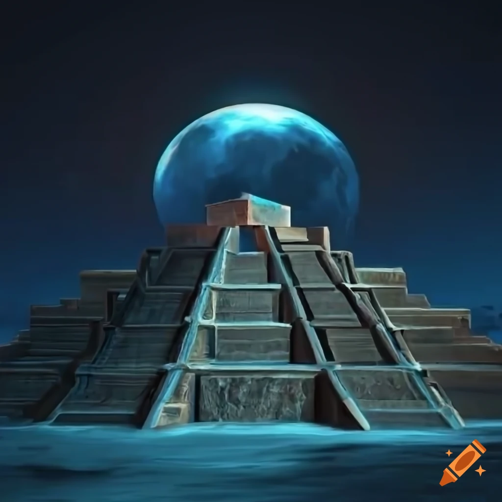 Nighttime view of an obsidian black ziggurat under the full moon on Craiyon