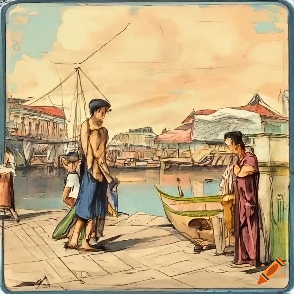 Colored illustration of traders and locals in 19th-century manila on ...