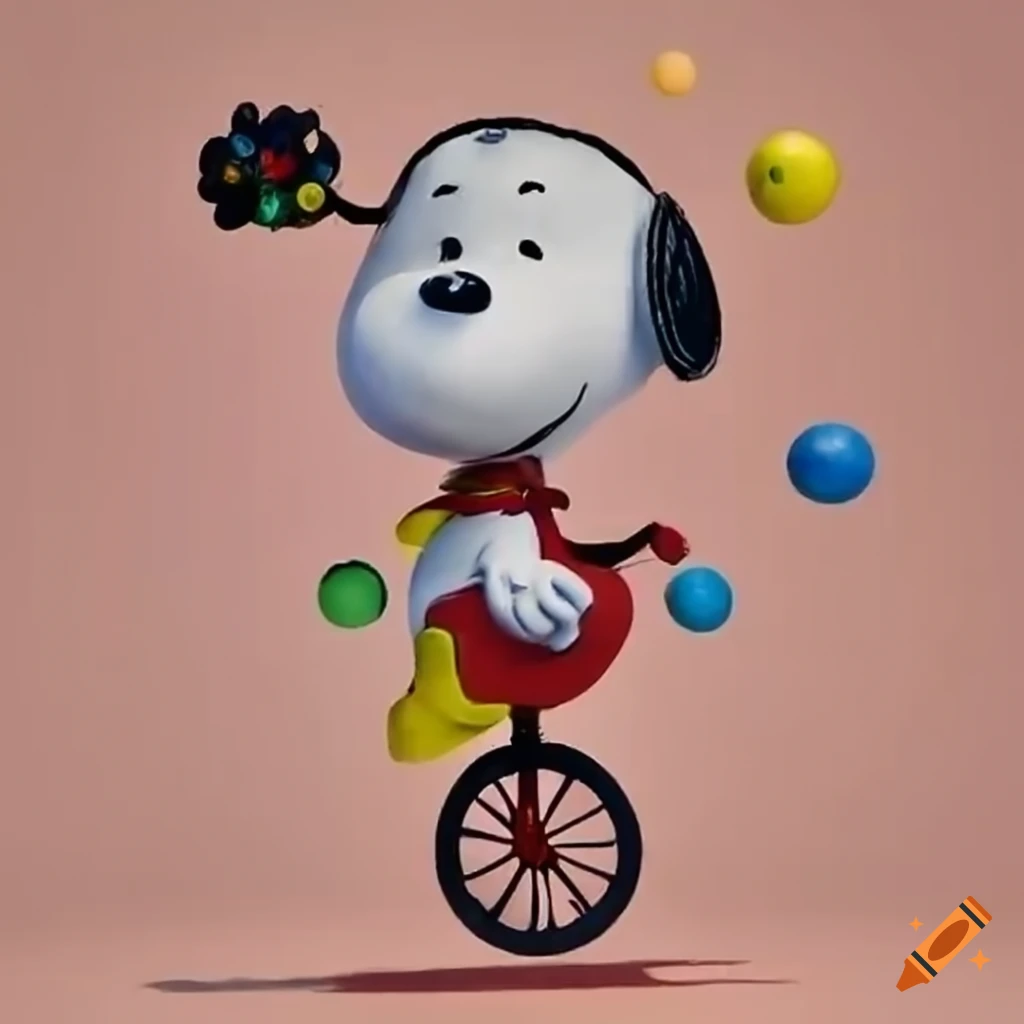 Snoopy juggling balls on a unicycle in circus costume on Craiyon