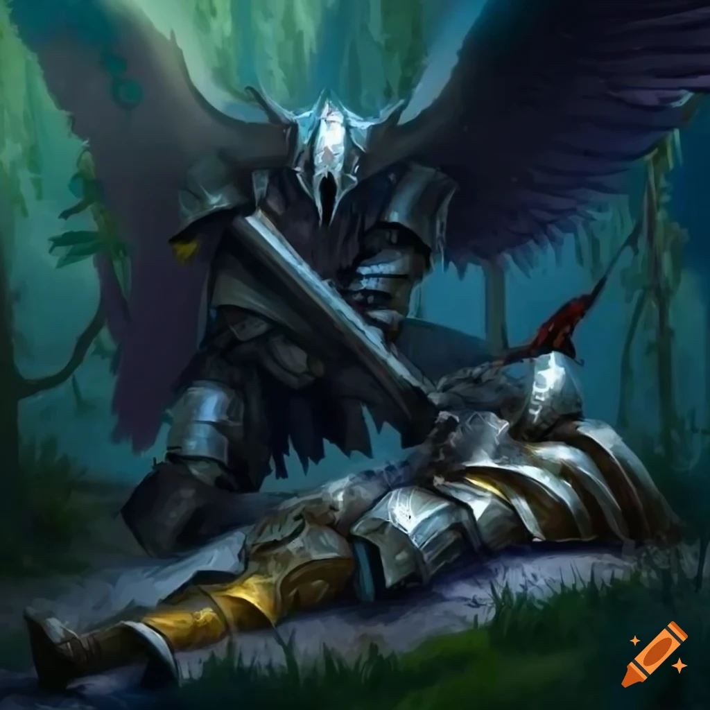 Dark fantasy illustration of an injured paladin in a forest on Craiyon