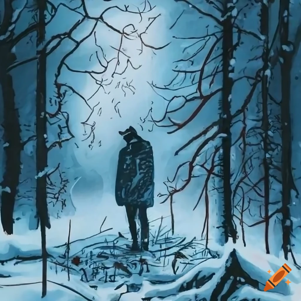 Drawing of a man crying in a snowy forest