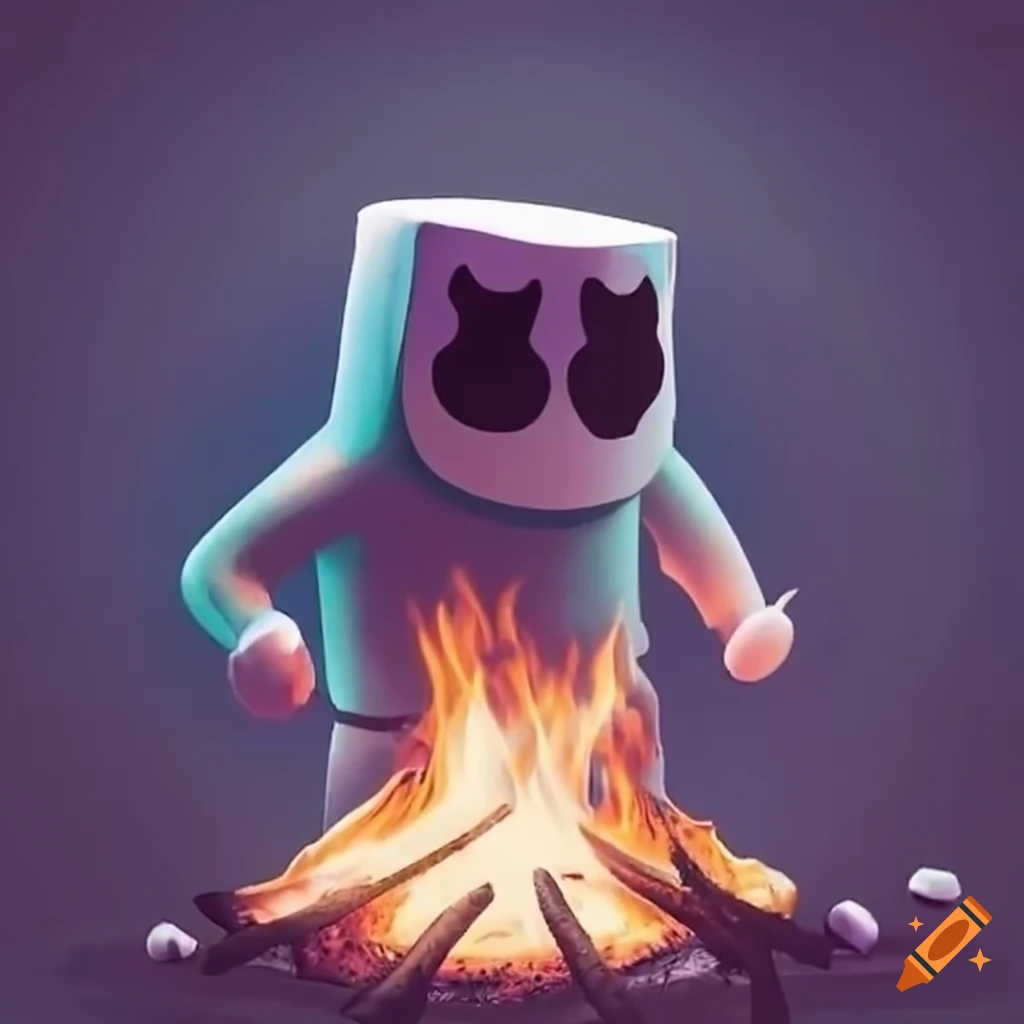 Marshmellow dj roasting a marshmallow over a campfire on Craiyon