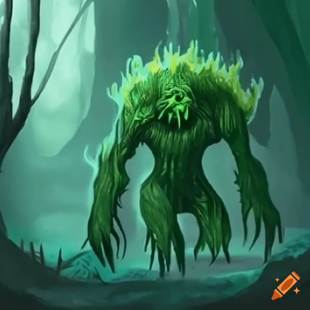 Green elemental creature in a forest on Craiyon
