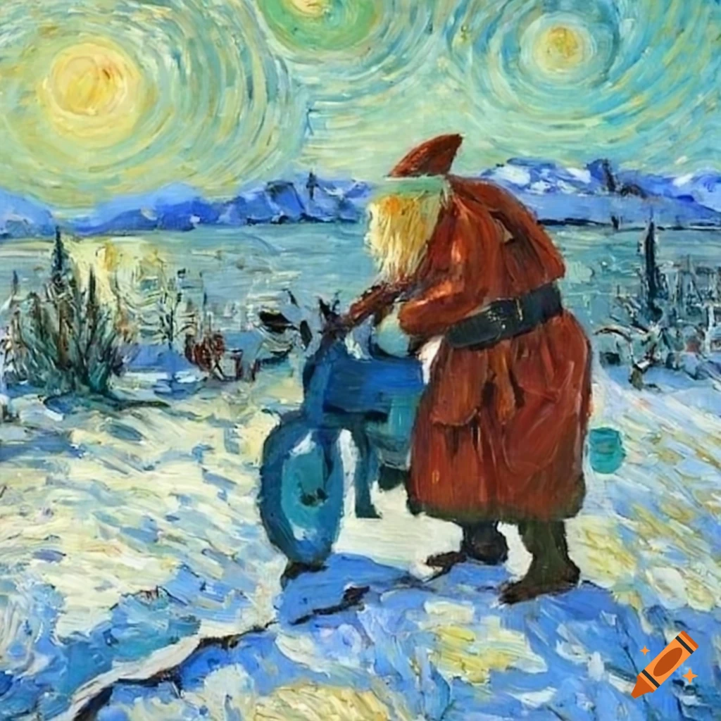 Painting of Santa Claus riding a blue Enfield Bullet in the snow on Craiyon