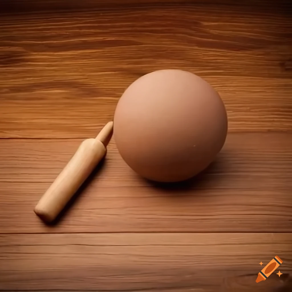 Clay sphere and rolling pin on wooden table on Craiyon