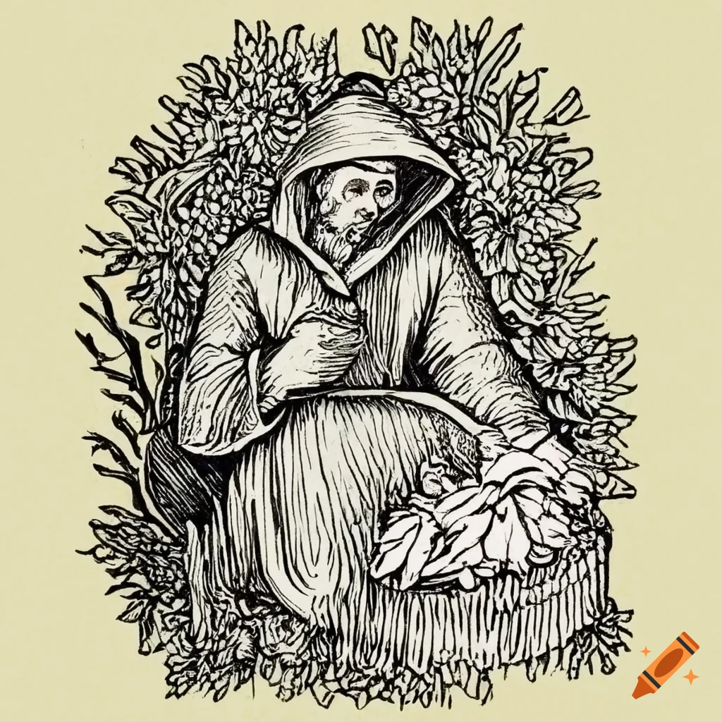 Woodcut illustration of a hooded peasant with flowers on Craiyon