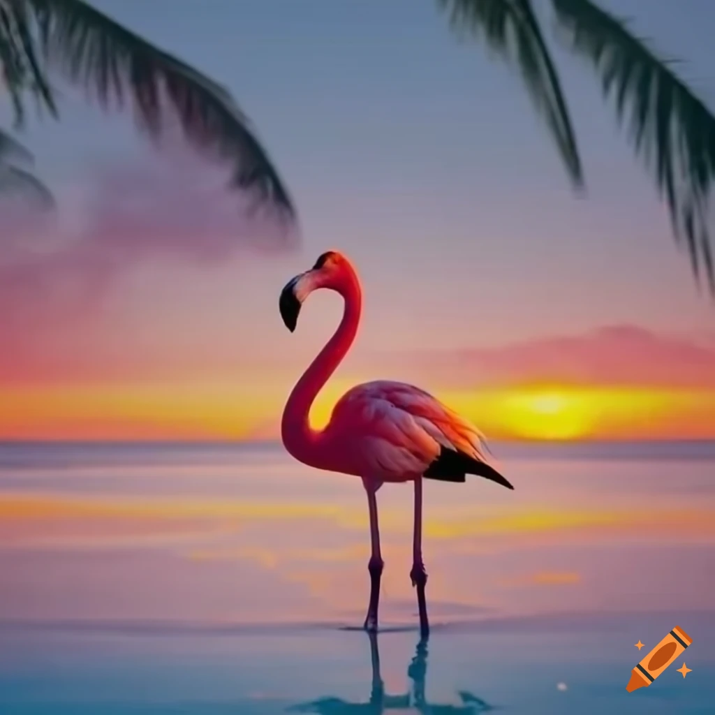 Flamingo on a sunset beach with palm trees on Craiyon