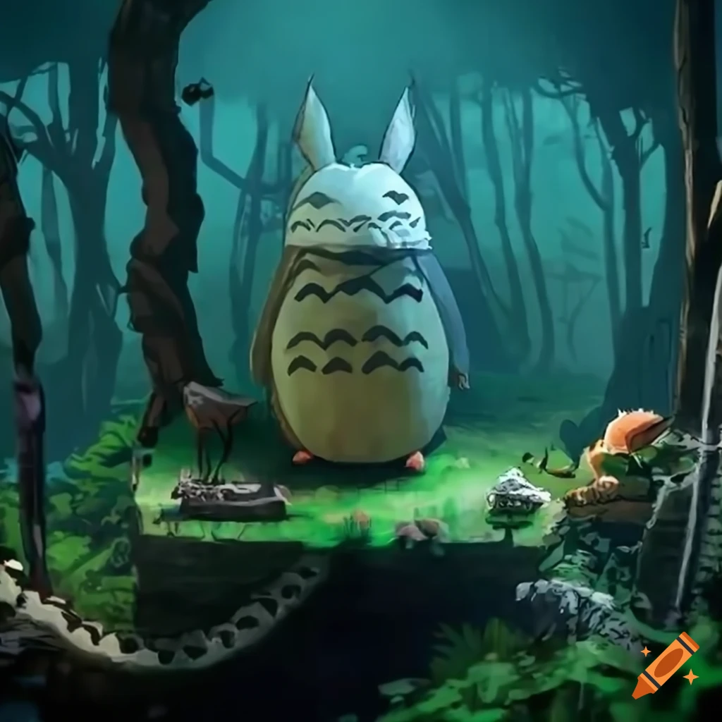 Top-down forced perspective video game inspired by totoro and blade runner