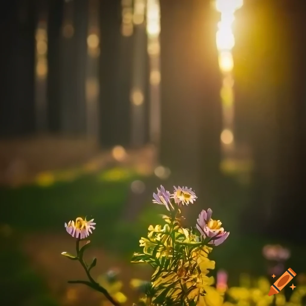 Sunset in a yew forest with a flower in the foreground