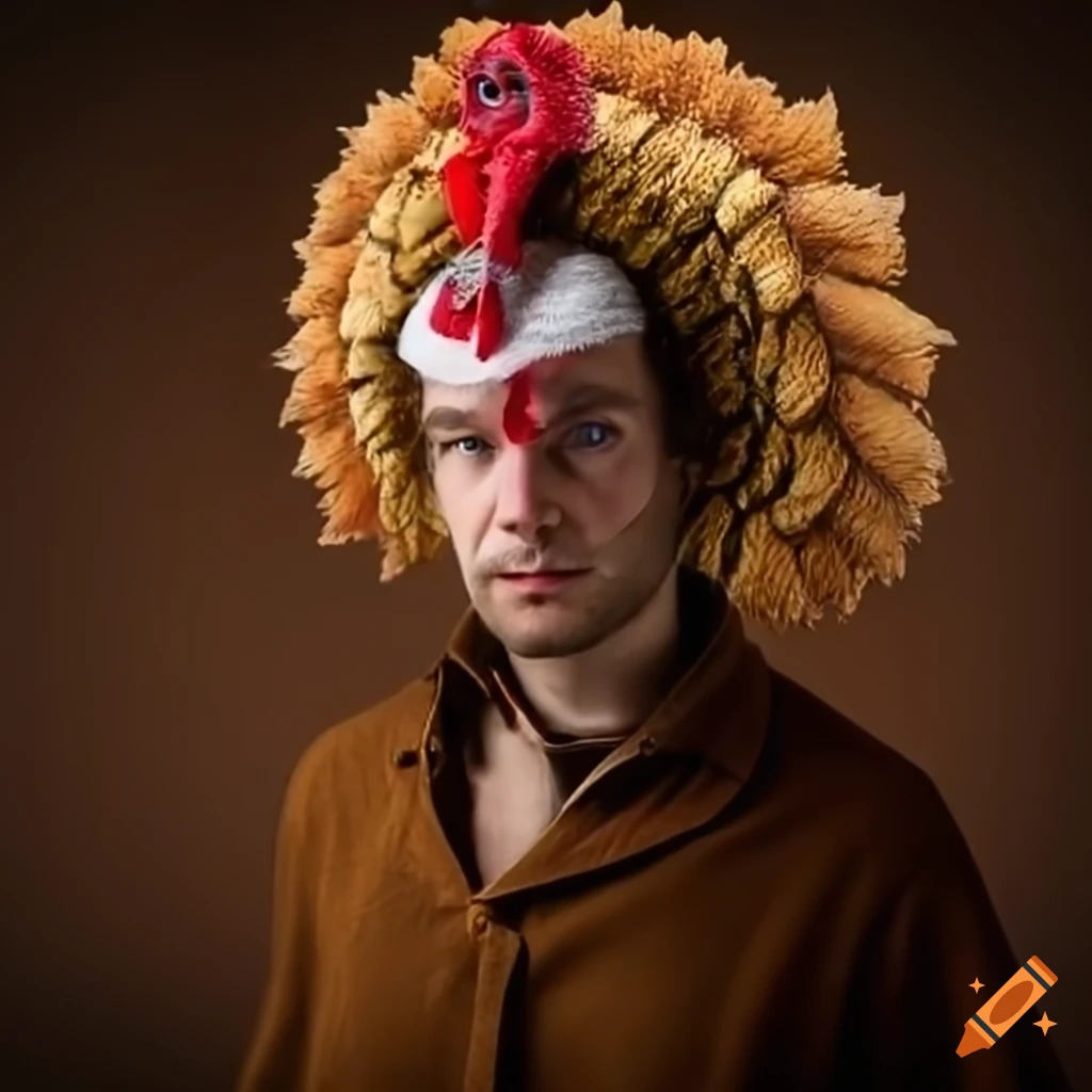 Man wearing turkey head costume in autumn clothes on Craiyon