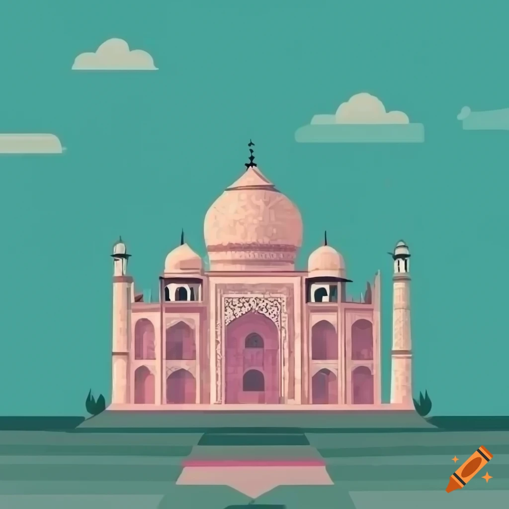 Flat vector illustration of Taj Mahal in vibrant colors on Craiyon