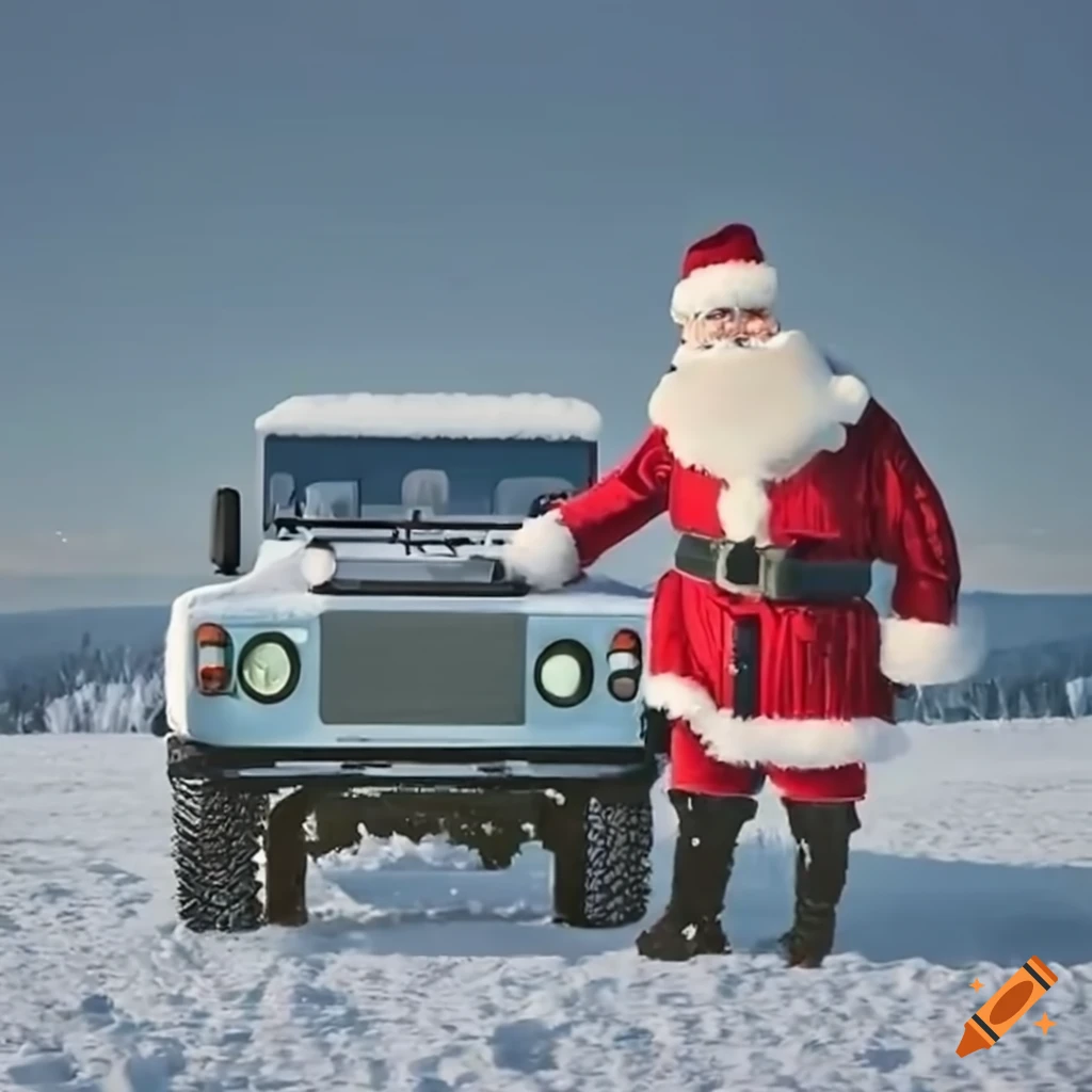 Santa and a Land Rover Defender in the snow on Craiyon