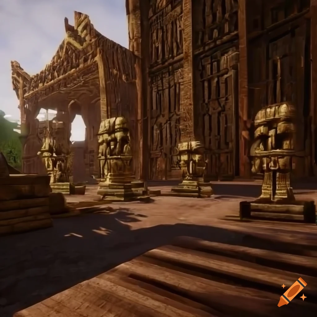 Red-golden temple with black roof and golden towers, sci-fi etruscan ...