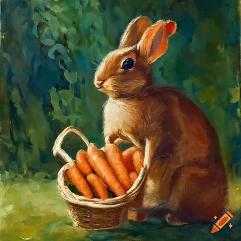 Classic painting of 2 brown rabbits with white spots wearing overalls ...