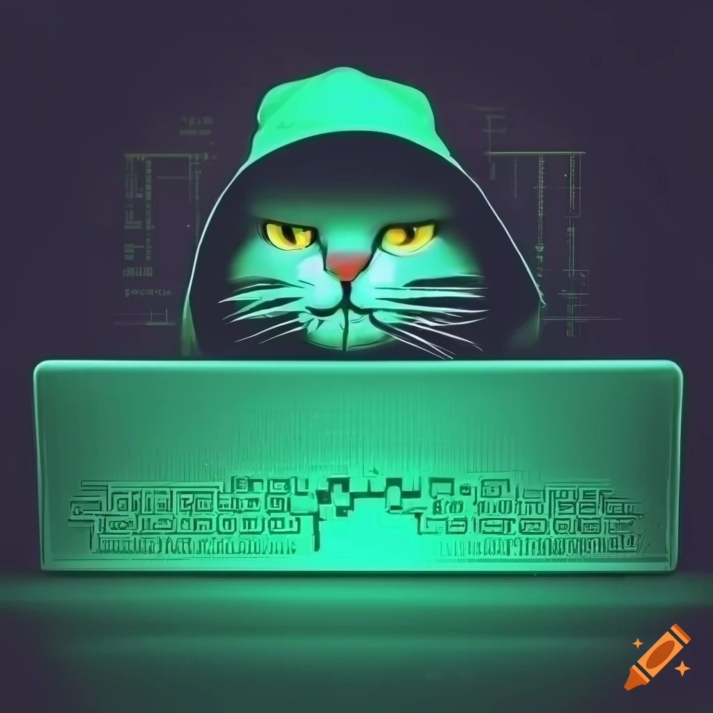 Minimalist cat logo with cap and computer representing hacking on Craiyon