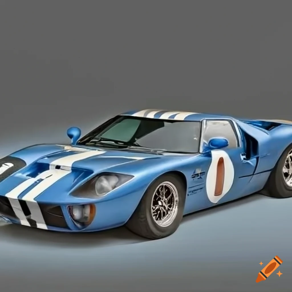 Side view of a blue and white Ford GT40 racing car on Craiyon