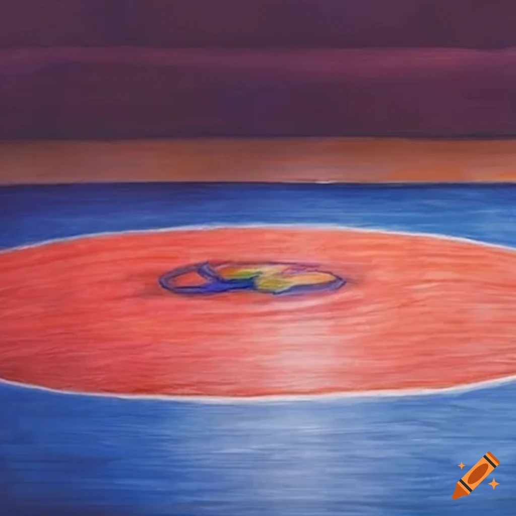 Colored pencil sketch of a wrestling mat in a gym