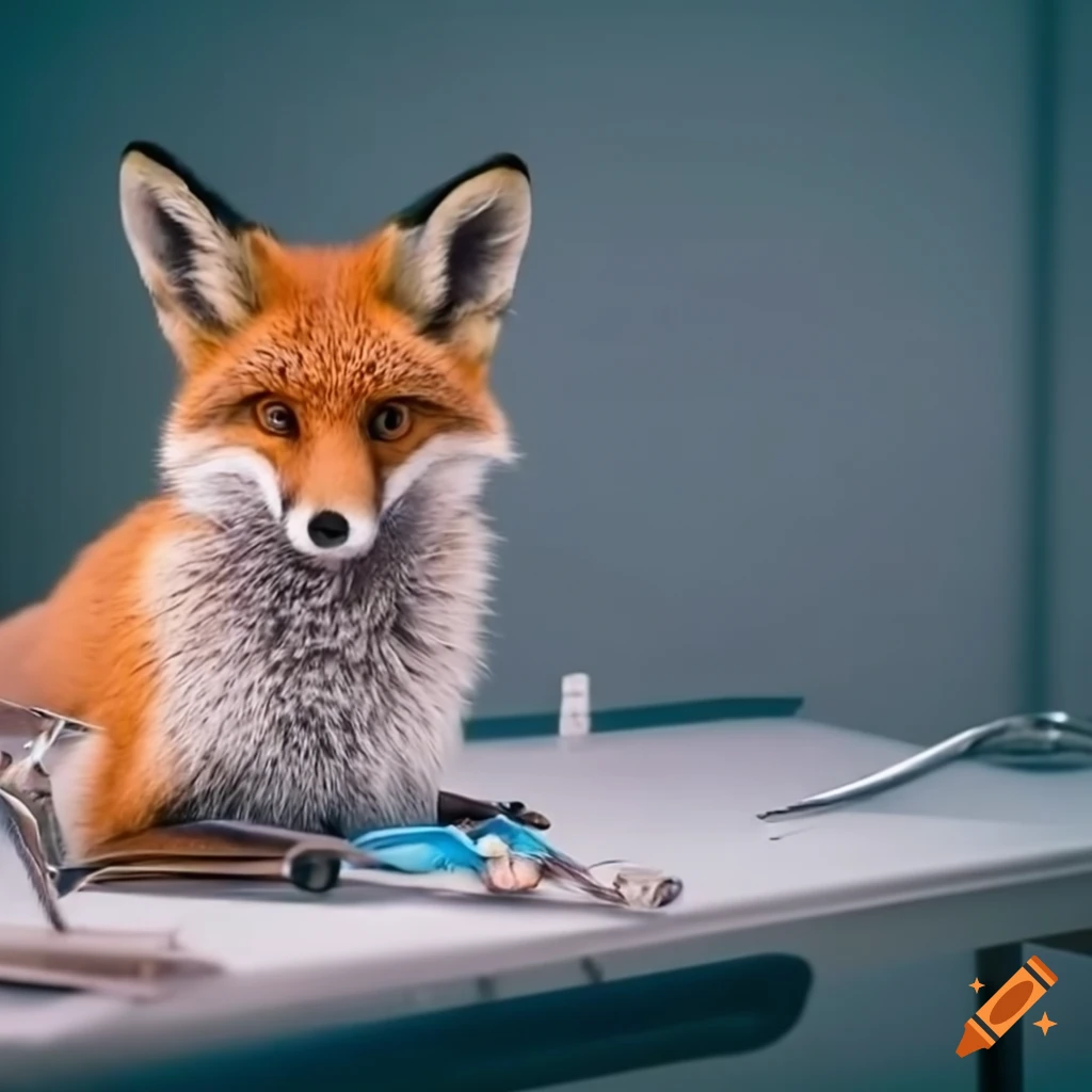 Veterinary clinic with a pet fox on the exam table on Craiyon