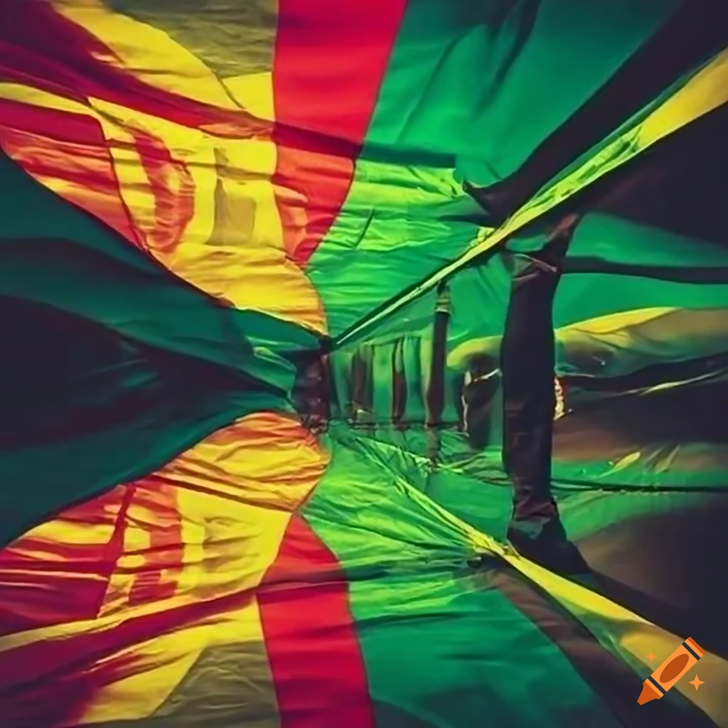 Multicultural crowd raising peace flags in a beautiful sunset over a ...