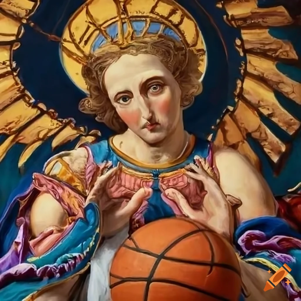 Vatican-style painting of archangels playing basketball on Craiyon