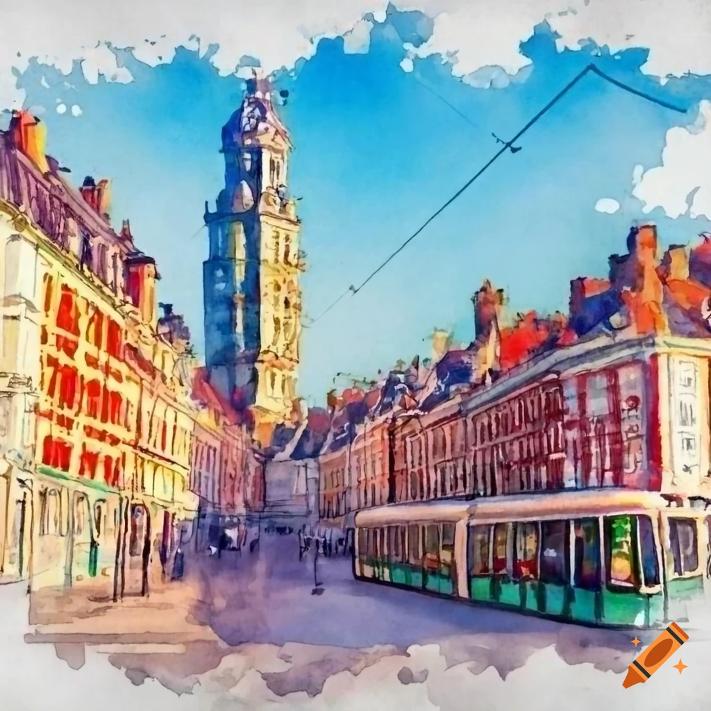 Watercolor painting of lille city with a passing tramway on Craiyon