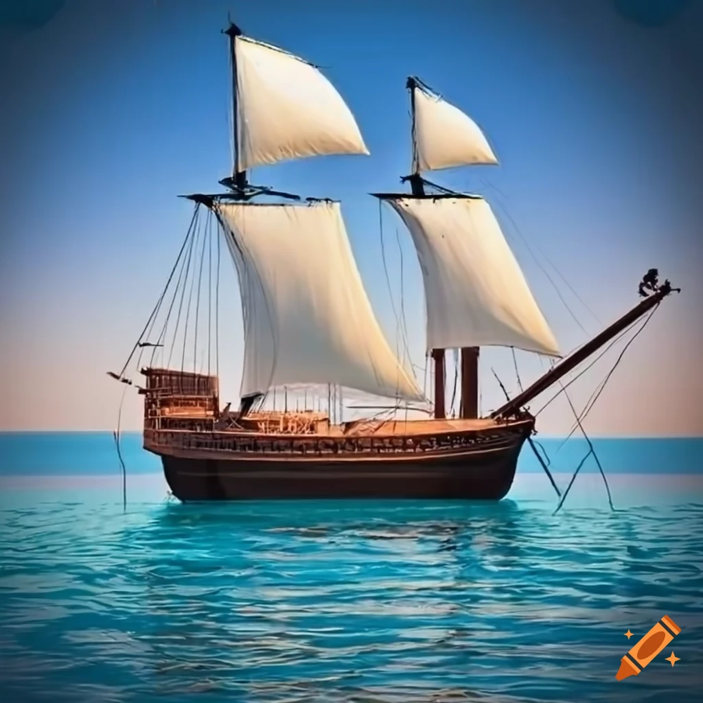 Sunny beach with a small pirate ship on the shore