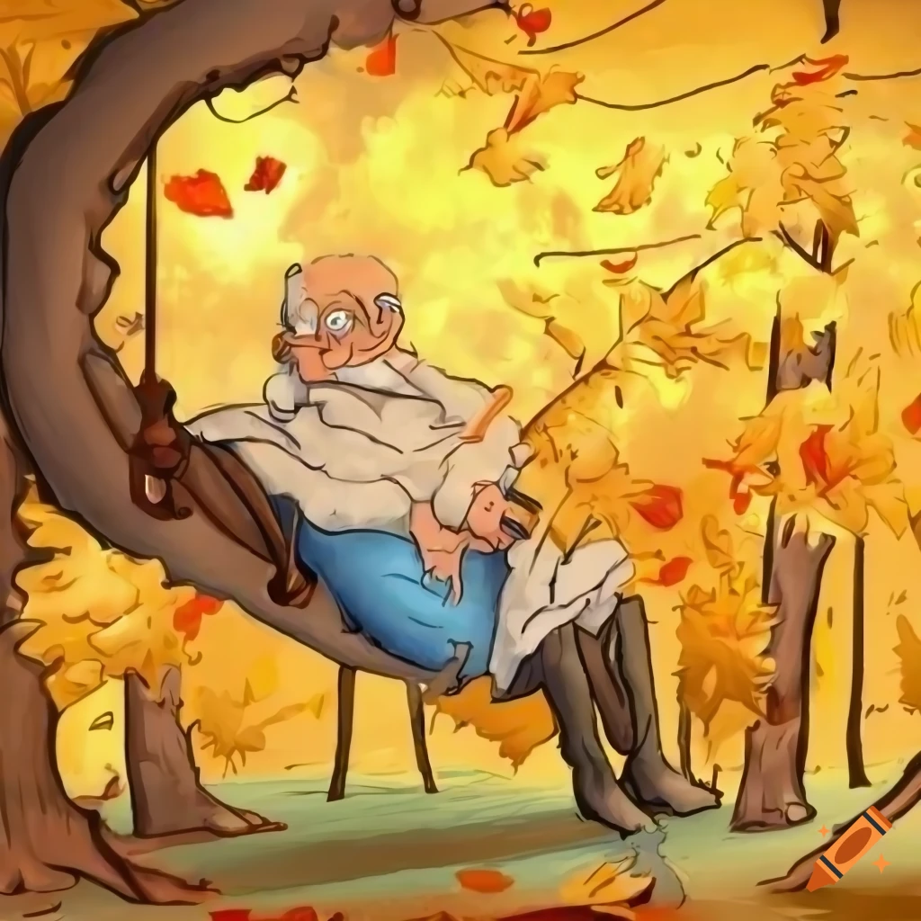Cartoon of a falling tree with golden leaves and an old man on Craiyon