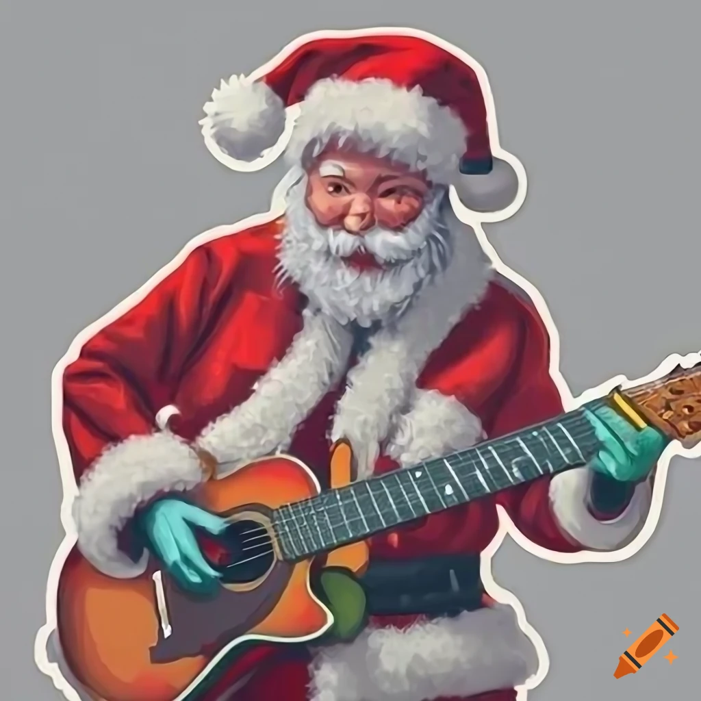 Santa claus playing acoustic guitar with musicians in a house on Craiyon
